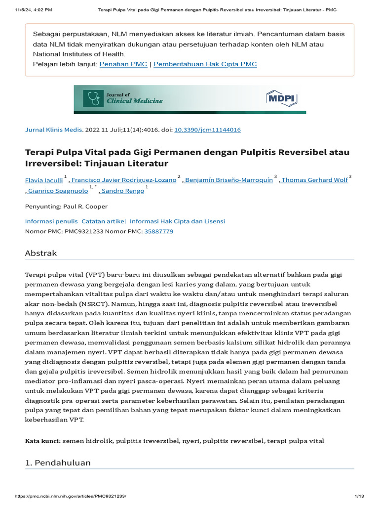 Terapi Pulpa Vital Pada Gigi Permanen Dengan Pulpitis Reversibel Atau Irreversibel - Tinjauan ...