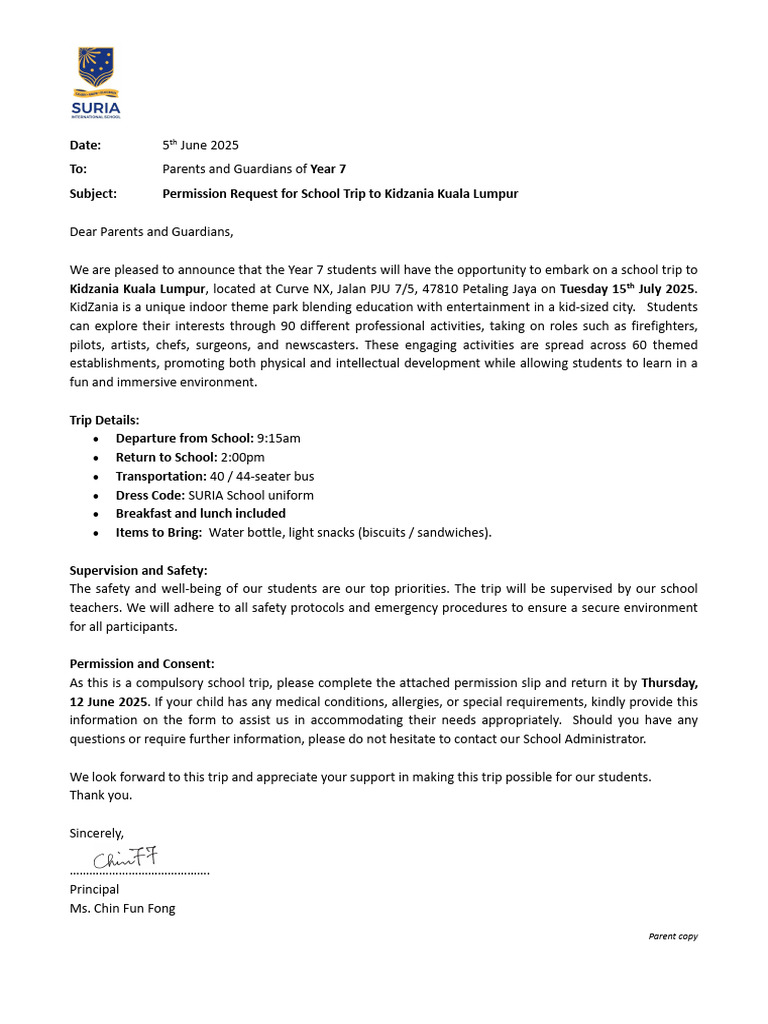 Y7 Letter To Parents (Kidzania - Tue 15 July 2025) | PDF