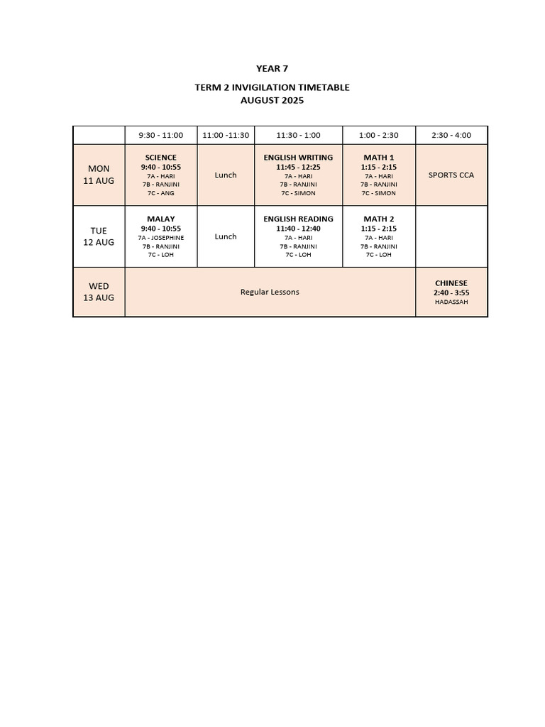 Y7 Term 2 Invigilation Timetable | PDF