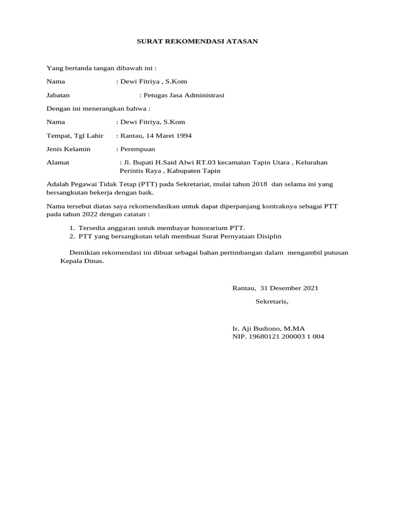 Surat Rekomendasi Atasan | PDF