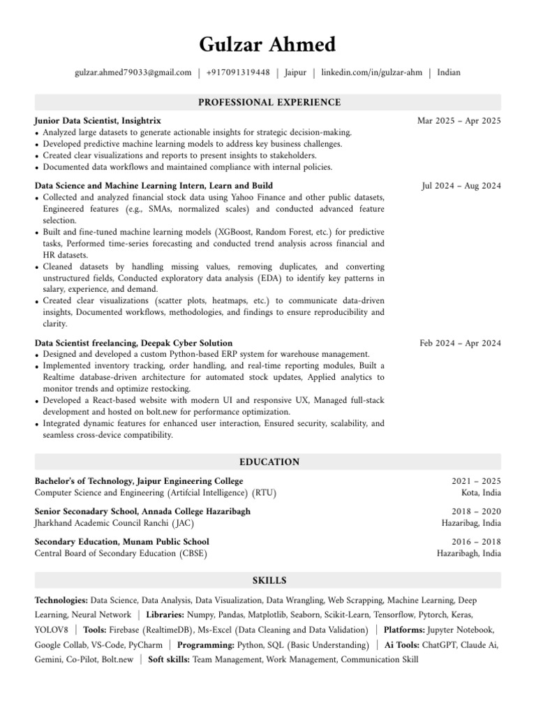 Gulzar Ahmed FlowCV Resume 20250519 | PDF | Data Science | Machine Learning