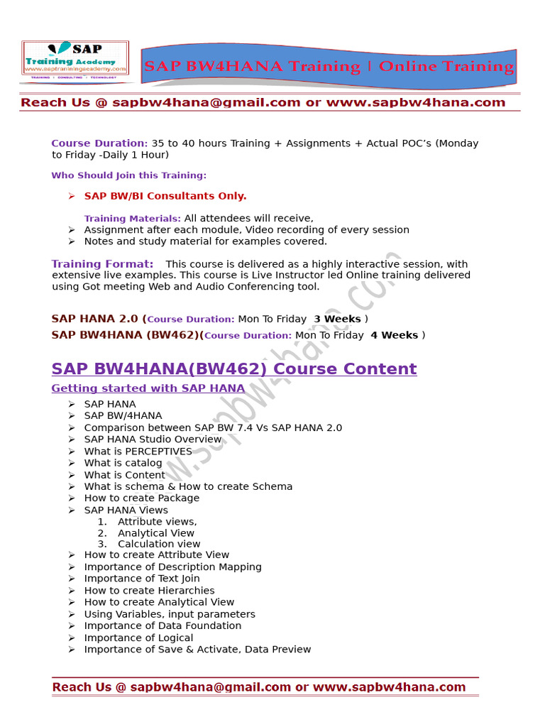 SAP BW/4HANA Training Overview | PDF | Software | Computer Science