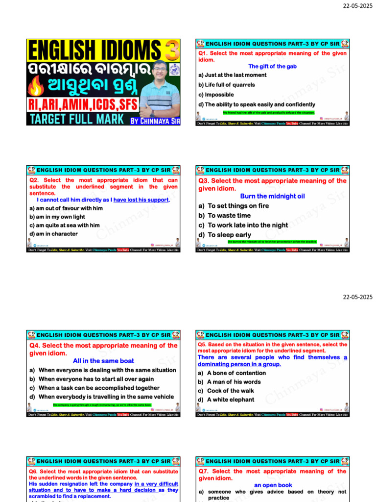 Idiom Questions Part 3 by CP Sir | PDF | You Tube