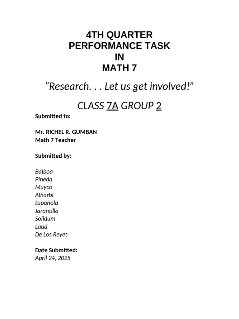 4th Quarter Performance Task in Math 7 by Class 7a Group 2 | PDF ...