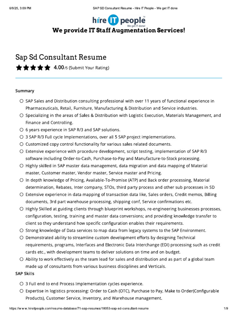 SAP SD Consultant Resume | PDF