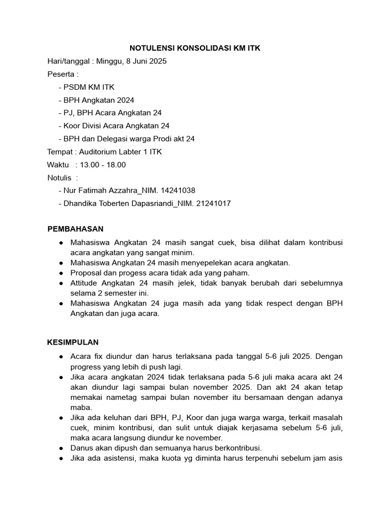 Notulensi Konsolidasi Km Itk_8 Juni 2025. | PDF