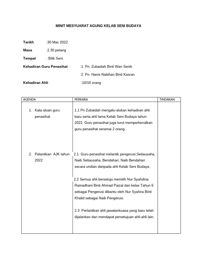 Minit Mesyuarat Agung Kelab BM | PDF