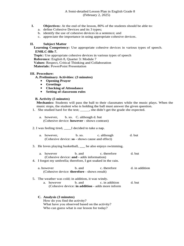 Lesson Plan: Cohesive Devices in English | PDF | Sentence (Linguistics ...