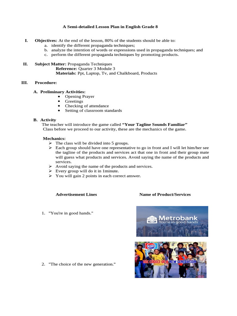 Grade 8 Lesson Plan: Propaganda Techniques | PDF | Propaganda | Advertising