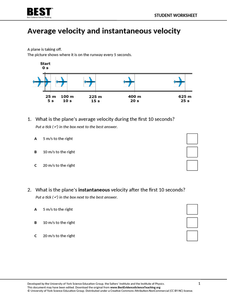 Average vs Instantaneous Velocity Worksheet | PDF | Speed | Velocity