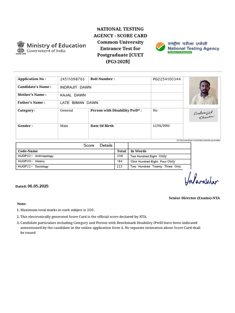 CUET PG 2025 Scorecard | PDF