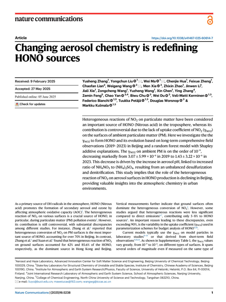 Changing Aerosol Chemistry Is Rede Ning HONO Sources: Article | PDF ...