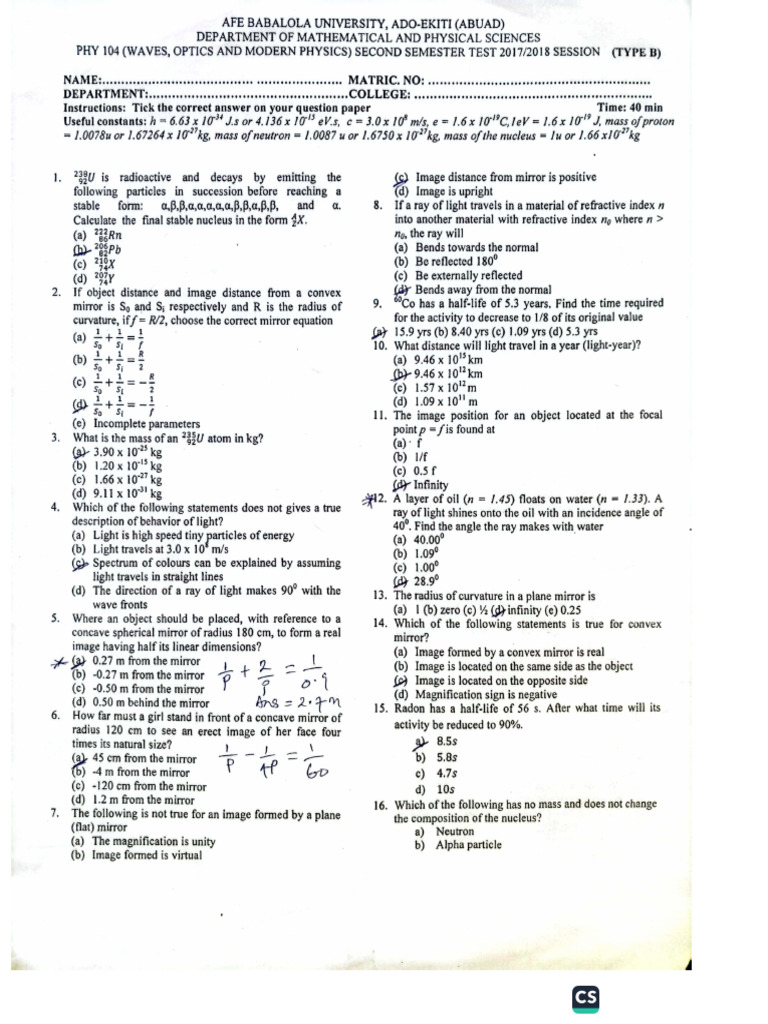 2017 - 18 Phy 104 Exam | PDF