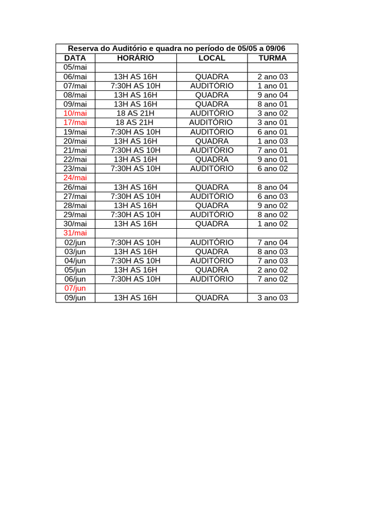 Reserva Do Auditório e Quadra No Período de 05 | PDF