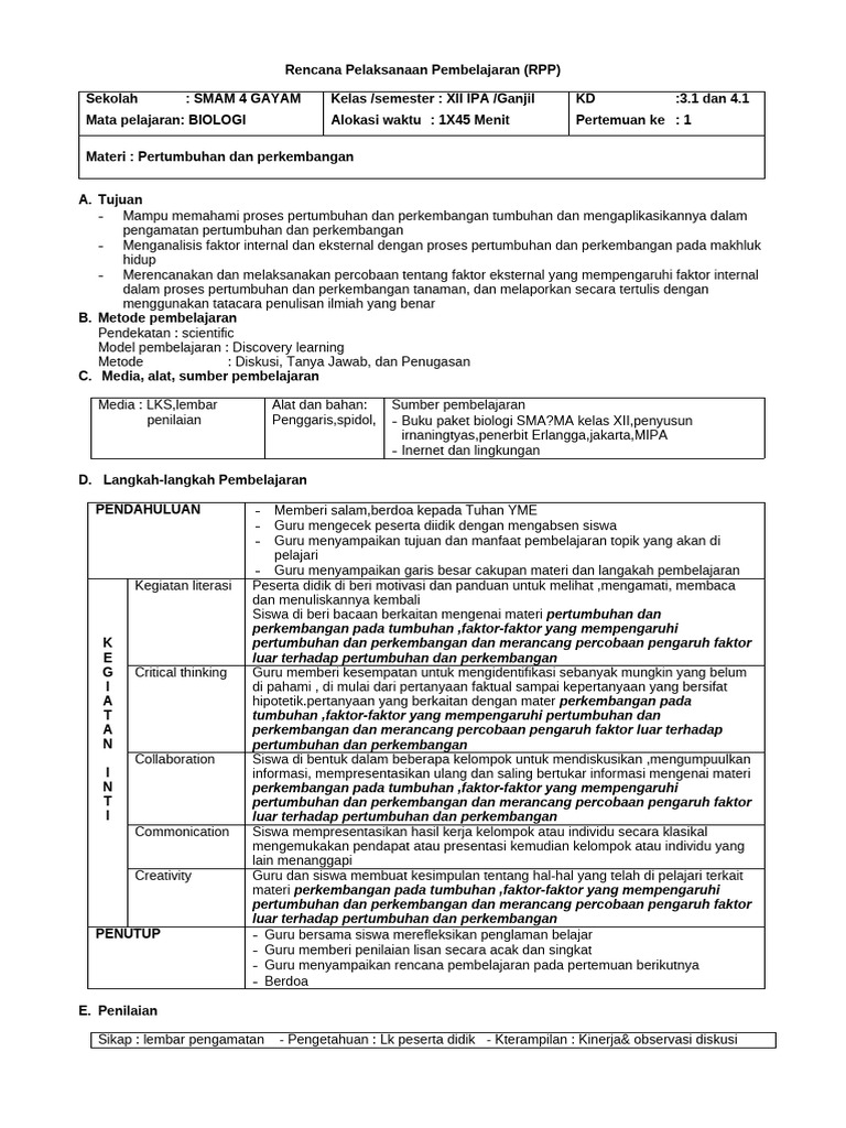 RPP Xii Biologi 2021 | PDF