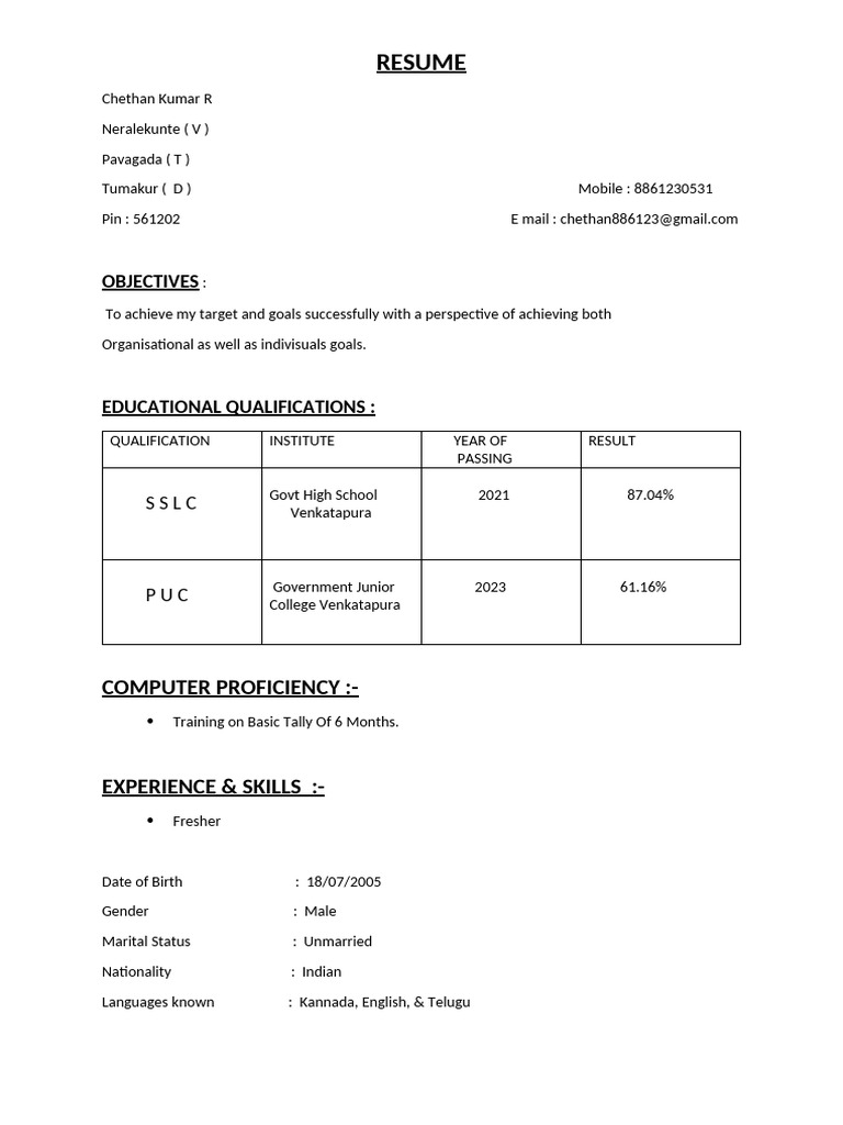 Chethan Kumar R - Resume Summary | PDF