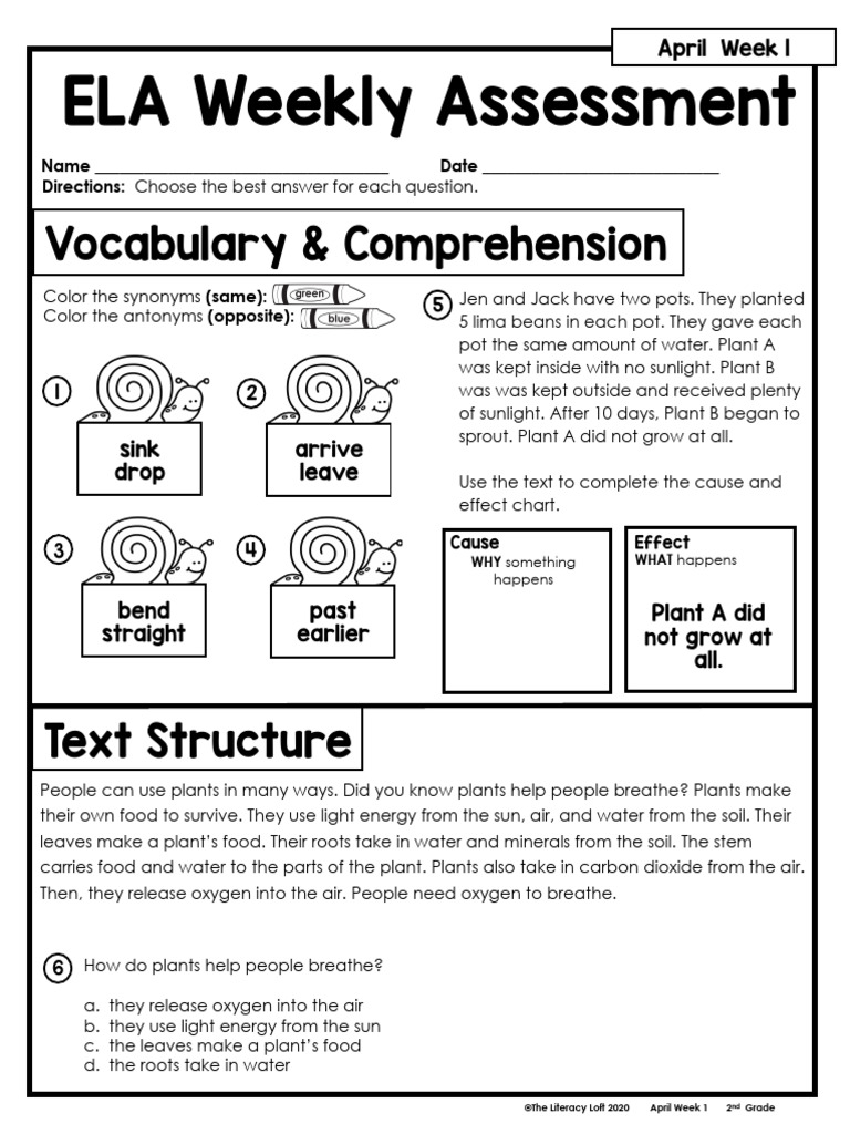 April ELA Weekly Assessment (2 Grade) | PDF | Frog | Plants