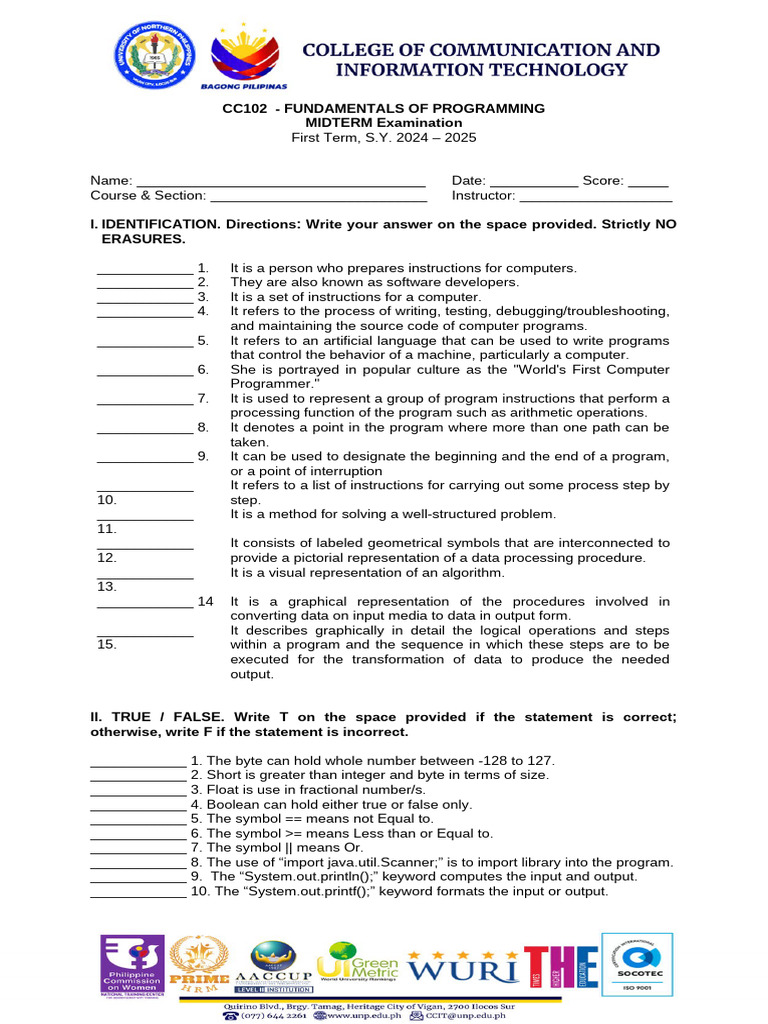 CC102 Fundamentals of Programming Midterm Exams First Term 2024 2025 Final Updated 2 | PDF ...