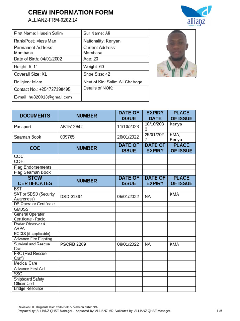 Allianz Crew Information Form | PDF