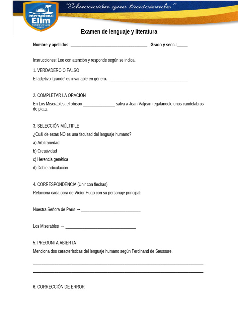 Examen de Lenguaje y Literatura 3ero | PDF