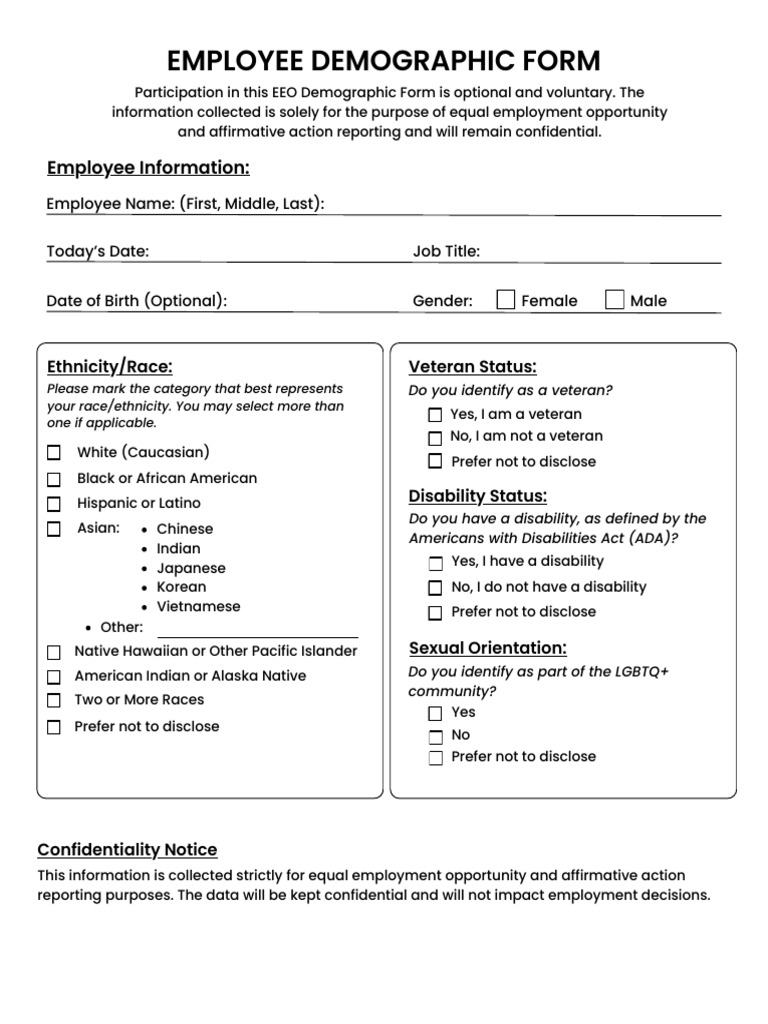 White and Black Employee Demographic Form Document | PDF