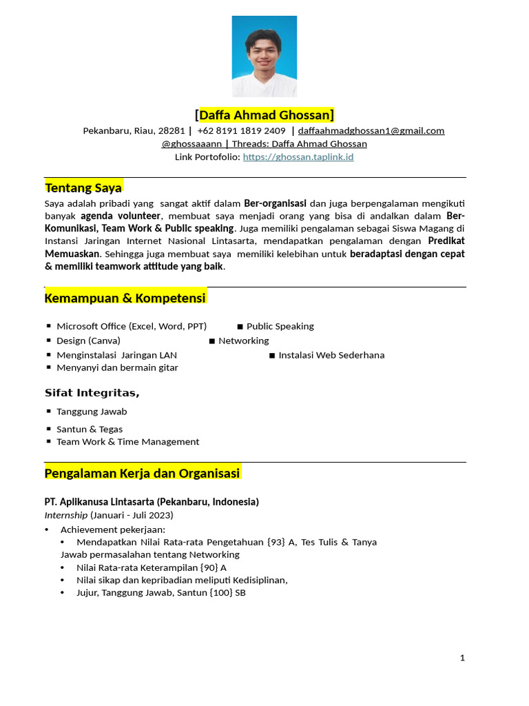 CV & Surat Lamaran Pekerjaan Daffa Ahmad Ghossan | PDF