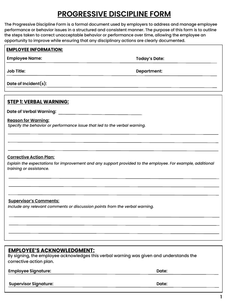 Black and White Personnel Progressive Discipline Form Document | PDF ...