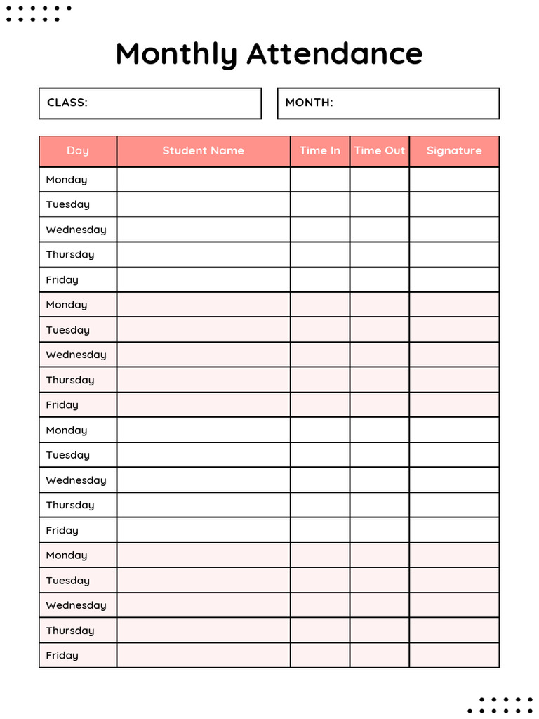Minimalist White Orange Monthly Attendance Printable Sheet | PDF