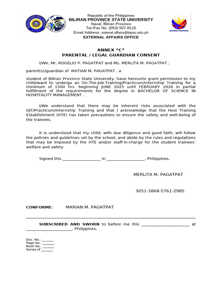 Annex C Parental Legal Guardian Consent Form Edited | PDF