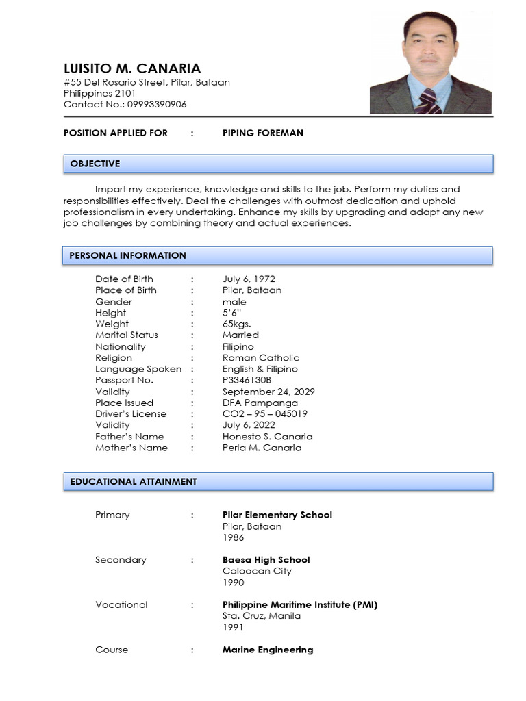 Piping Foreman Resume of Luisito M. Canaria | PDF | Pipe (Fluid ...