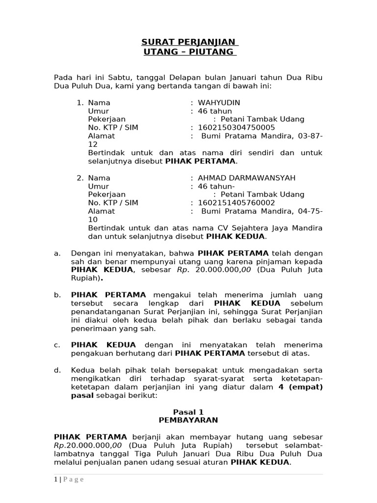 Contoh Surat Perjanjian Utang Piutang FH UII | PDF