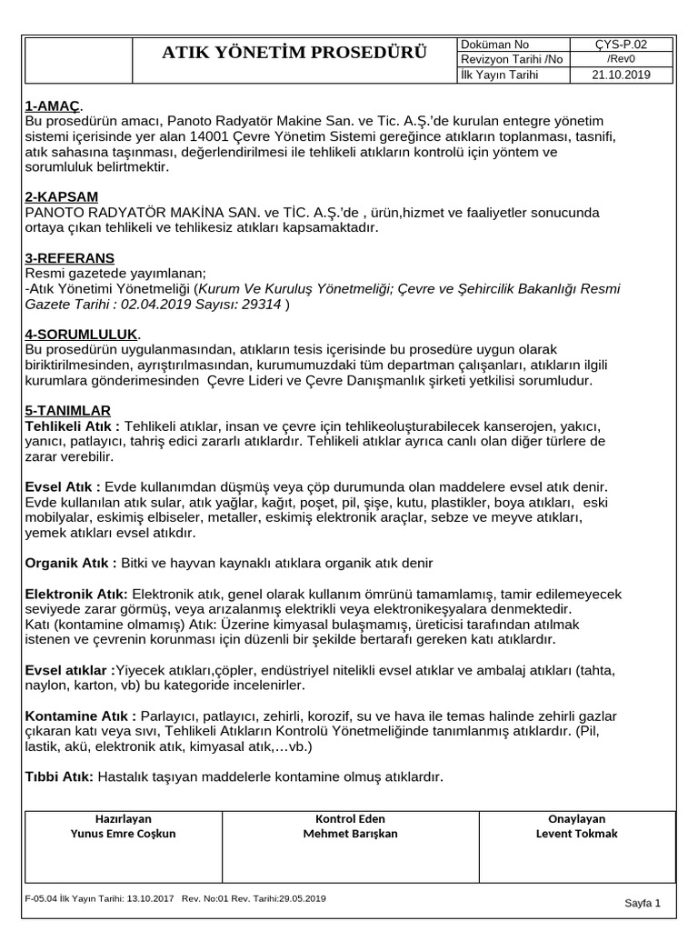 ÇYS-P.02 Atık Yönetim Prosedürü | PDF