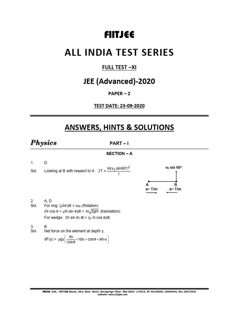 JEE Advanced 2020 AITS Paper 2 Solutions | PDF | Chemistry | Quantity