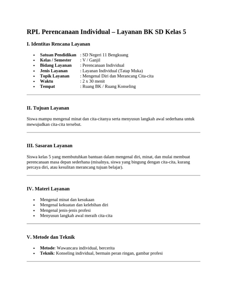 RPL Perencanaan Individual Kelas 5 BK | PDF