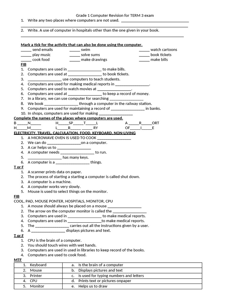 Grade 1 Computer Revision For TERM 3 Exam | PDF | Computer Keyboard | Computing