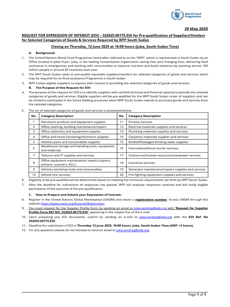 WFP South Sudan Supplier EOI 2025 | PDF | World Food Programme