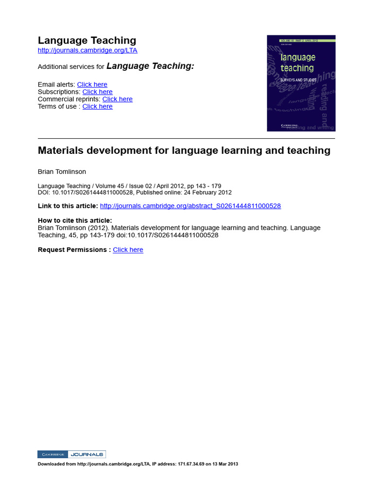 Materials Development for Language Learning and Teaching | PDF | Learning | Evaluation