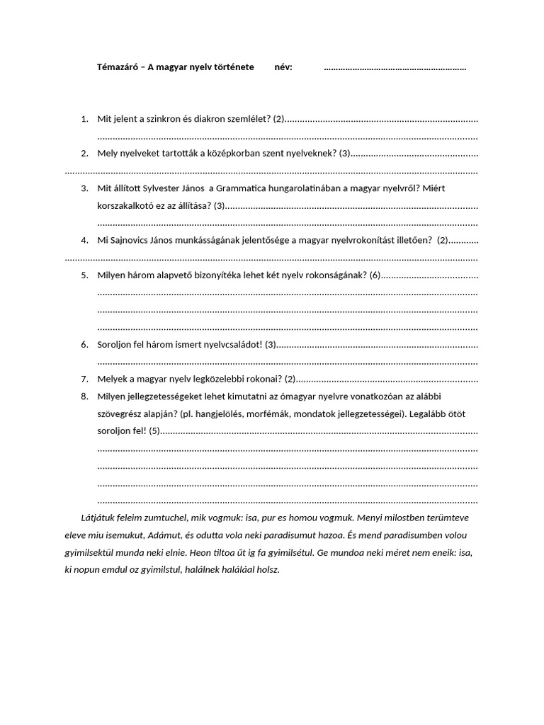 Nyelvtörténet Dolgozat 1 | PDF