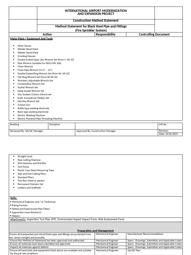 Method Statement For Black Steel Pipes | PDF | Pipe (Fluid Conveyance ...