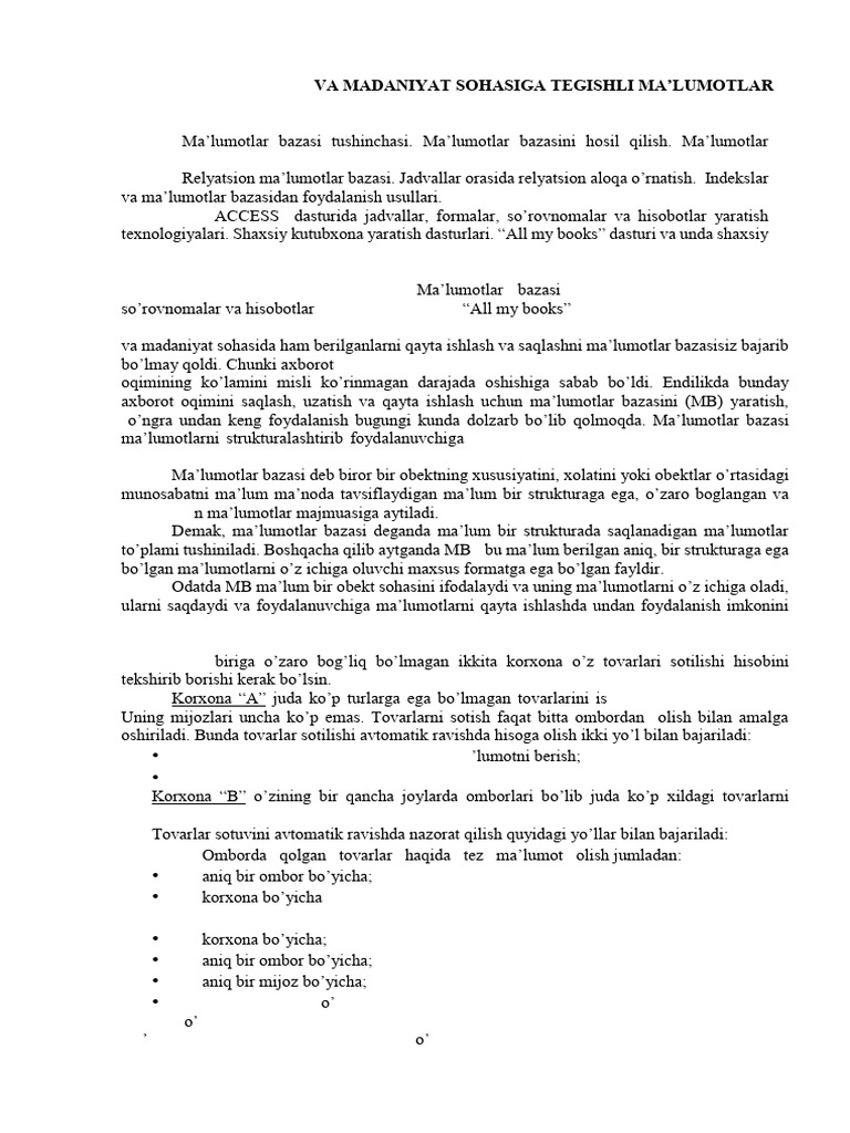 6-Ma'Ruza. Dizayn Va Madaniyat Sohasiga Tegishli Ma'Lumotlar Bazasini Tashkil Etish ...