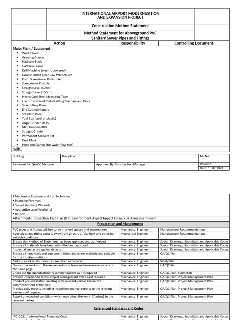 Method Statement For Underground U-PVC Sanitary Sewer Piping | PDF | Pipe (Fluid Conveyance ...