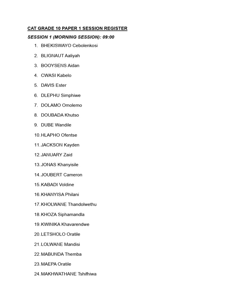 Cat Grade 10 Paper 1 Session Register | PDF