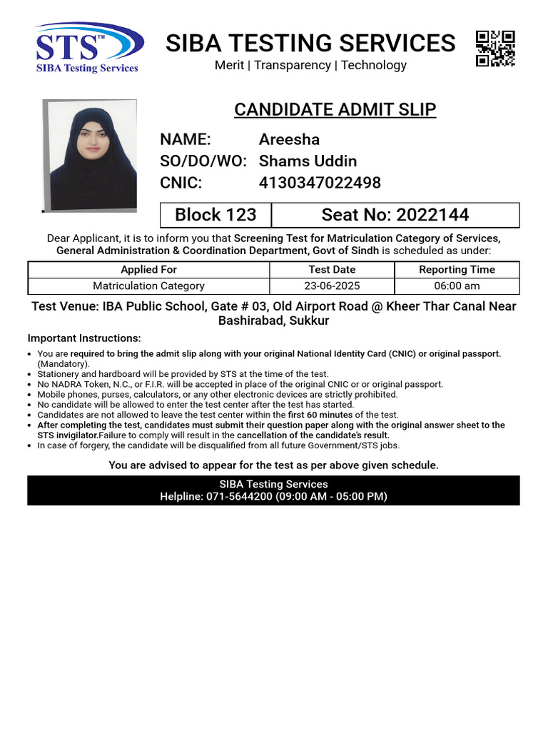 Siba Testing Services: Candidate Admit Slip | PDF