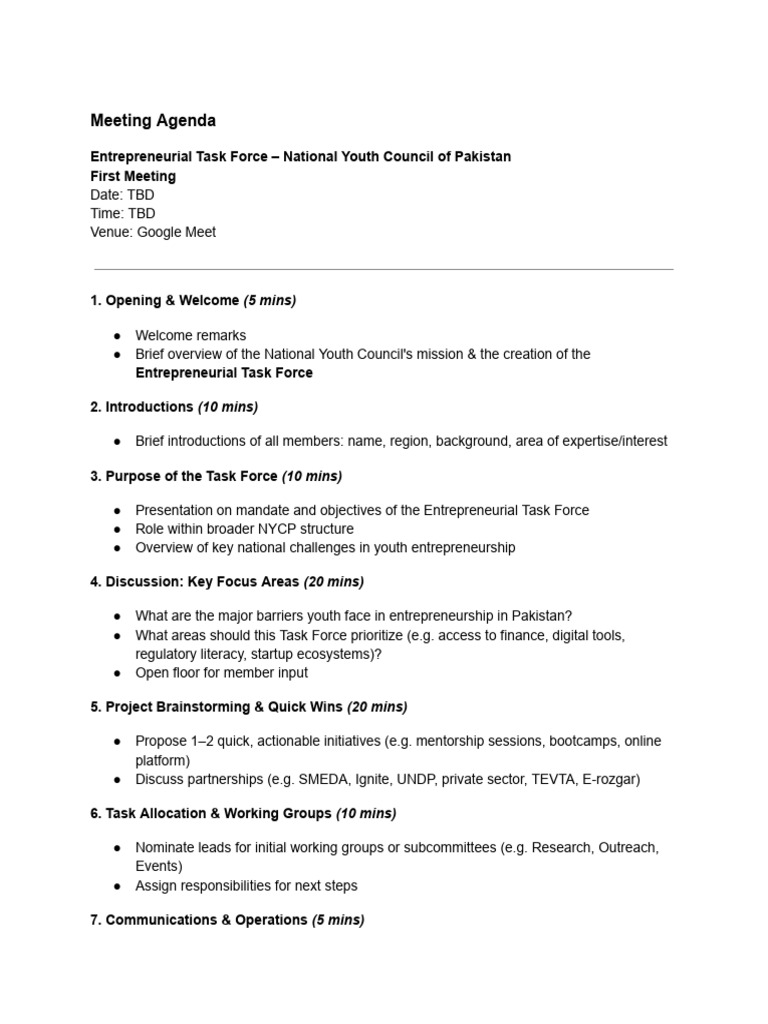 Meeting Agenda For The Entrepreneurial Task Force | PDF