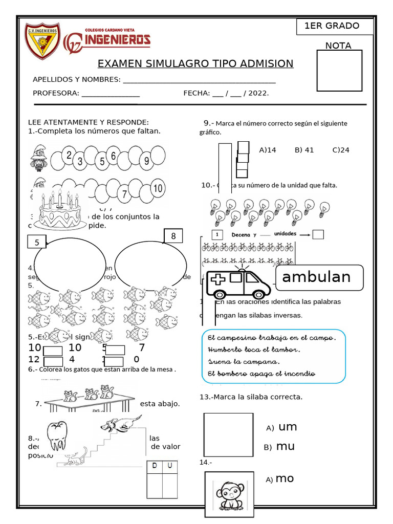 Examen Simulacro 1er Grado de Primaria | PDF