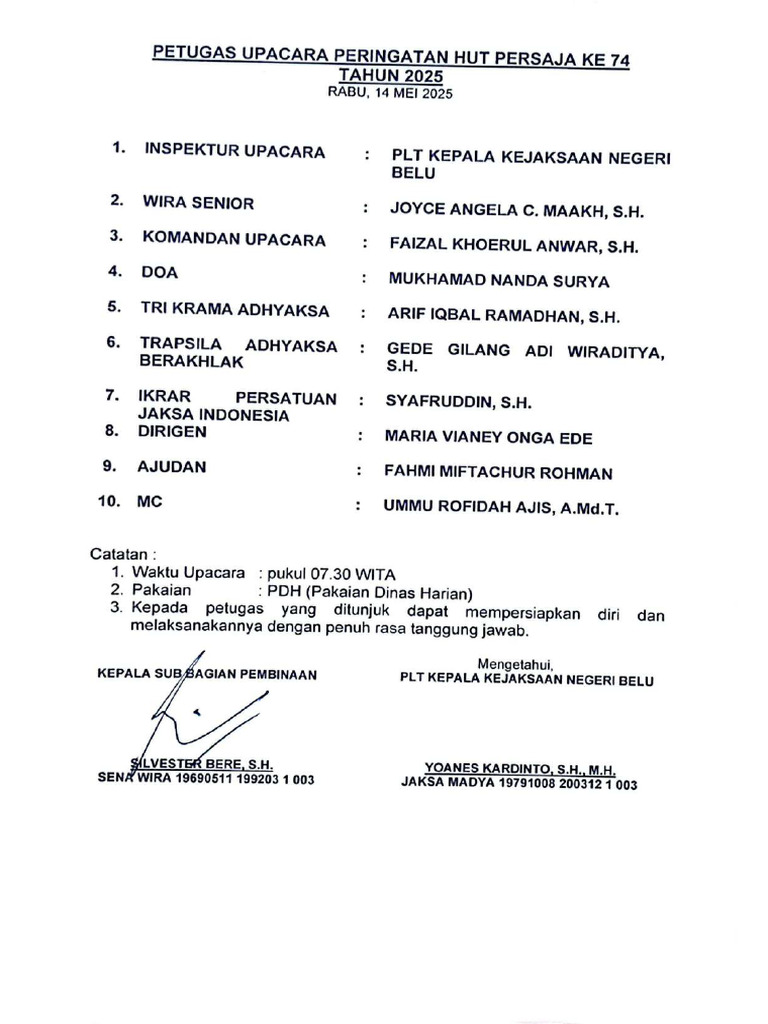Petugas Upacara Peringatan HUT PERSAJA Ke 74 Tahun 2025 | PDF