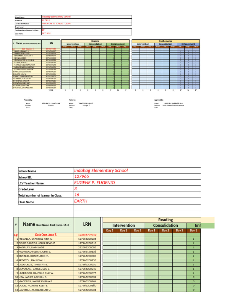 G3 - NLC Attendance - Elementary Class Week 1 - FINAL | PDF | Mathematics