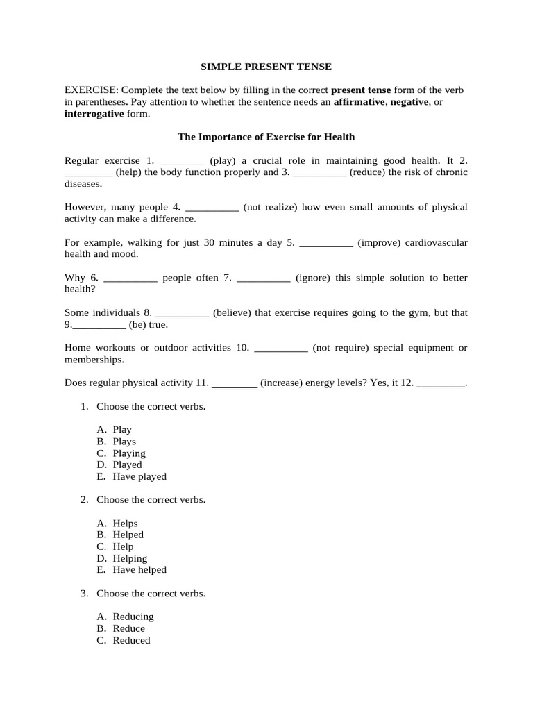 Simple Present Tense Exercise Pdf Language Mechanics Grammar