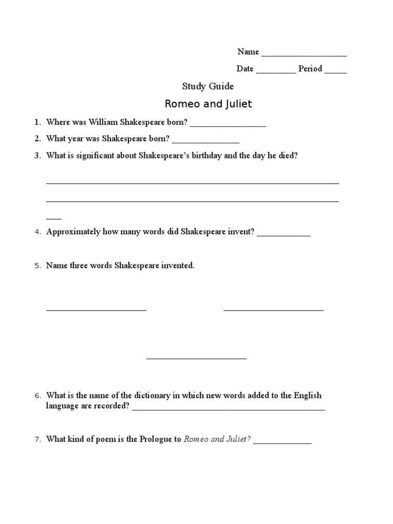 Romeo and Juliet: Unit Test Study Guide | PDF | Romeo And Juliet | Sonnets