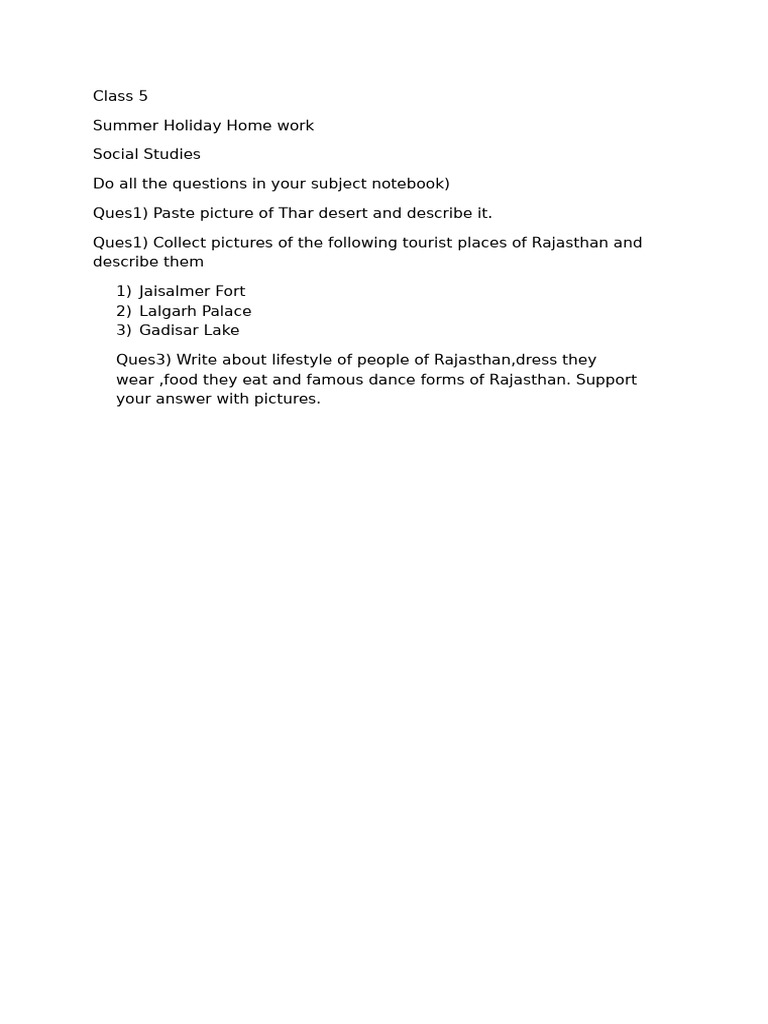 Class 5th Sst Holiday Homework | PDF